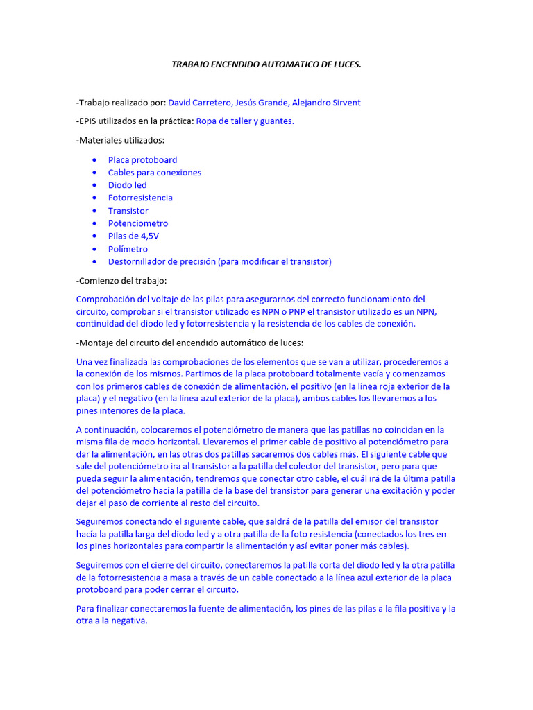 Trabajo Encendido Automatico de Luces | PDF | Transistor | Transistor ...