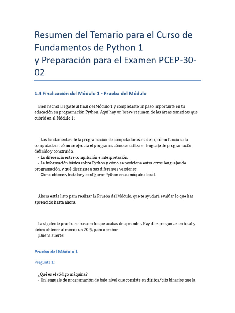 Resumen y Prueba Módulo 1 Python | PDF