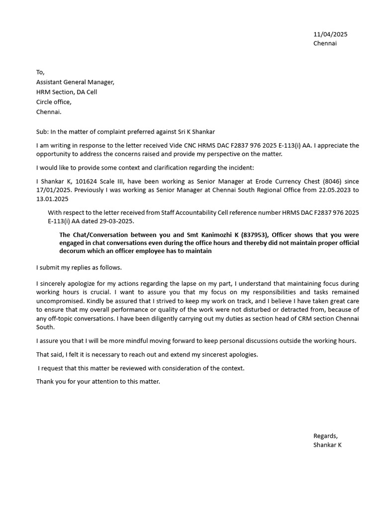 Apology Letter for Workplace Conduct | PDF