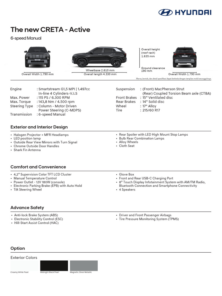 CRETA FL Specsheet 08012025 Launch | PDF | Anti Lock Braking System | Brake