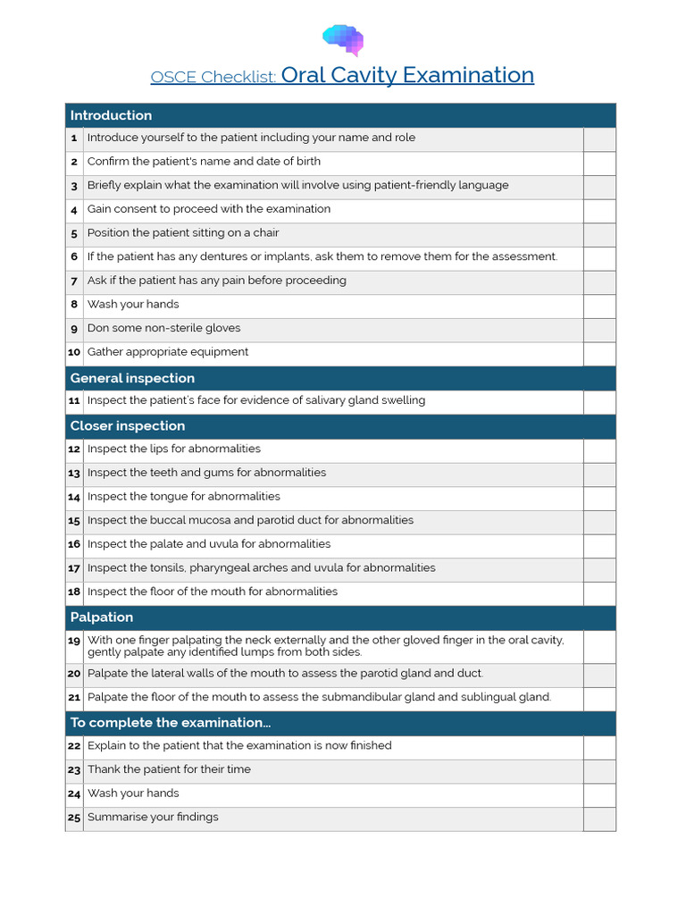OSCE Checklist Oral Cavity Examination | PDF