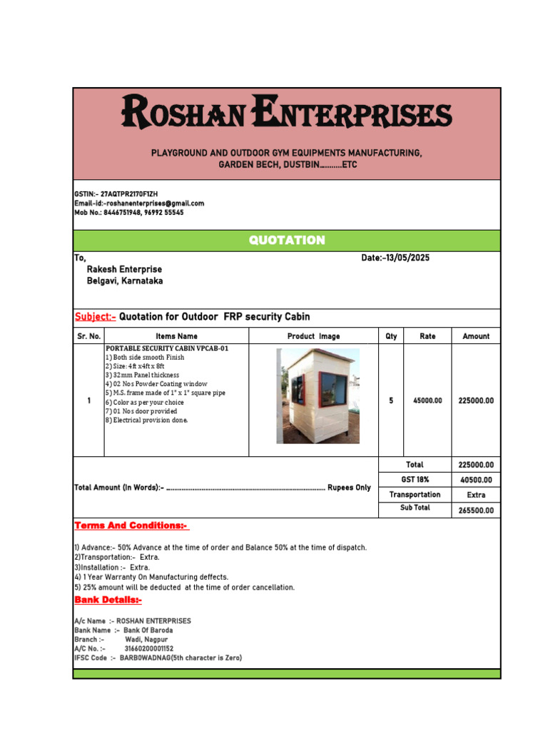 Rakesh Enterprise Belgavi Karnataka Cabin Quotation | PDF