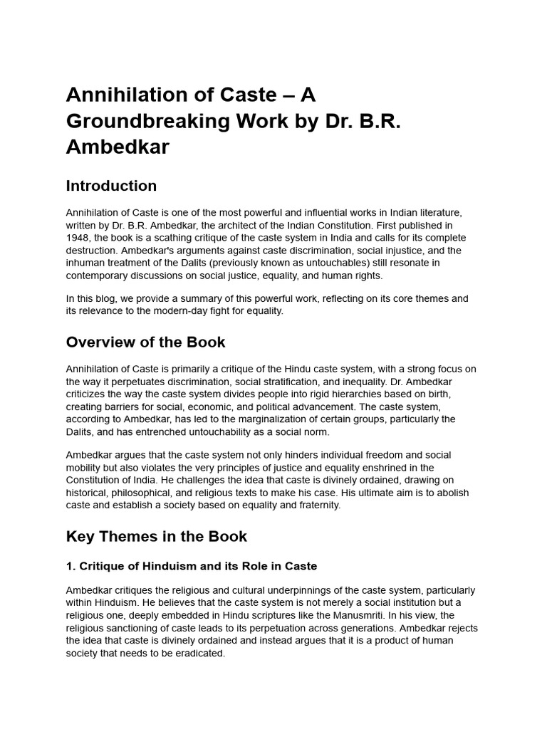 Annihilation of Caste - A Groundbreaking Work by DR Ambedkar | PDF ...