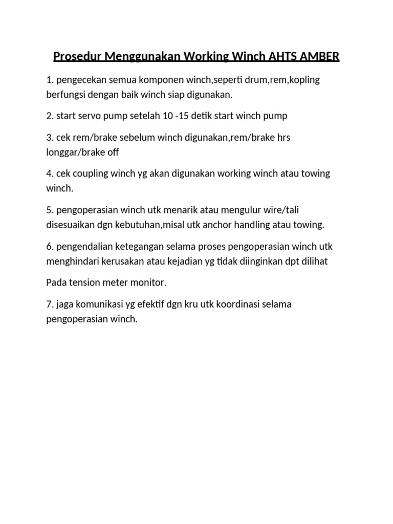 Prosedur Menggunakan Working Winch AHTS AMBER | PDF