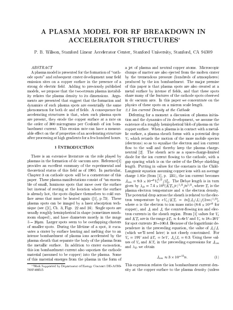 A Plasma Model For RF Breakdown in Accelerator Structures | PDF | Plasma (Physics) | Electric ...