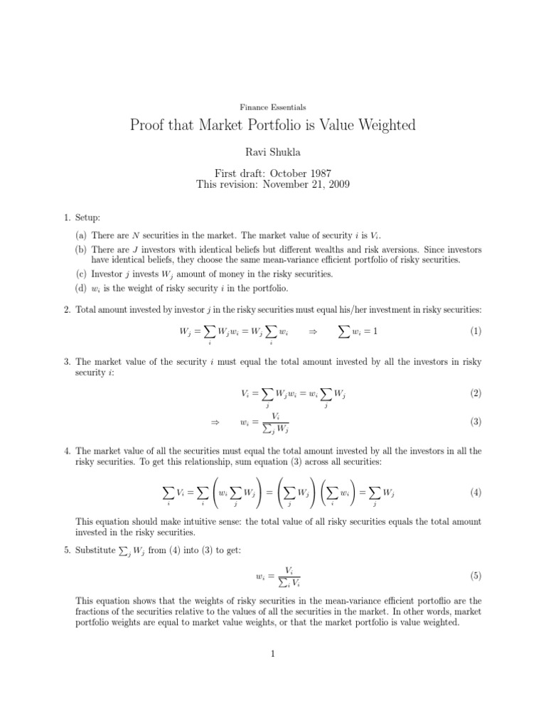 CAPM Proof That Market Portfolio Is Value Weighted | PDF | Average ...