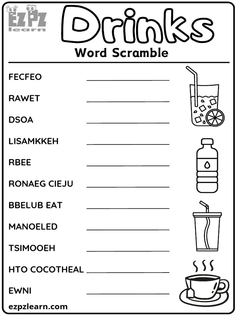 Drinks Word Scramble 11 Words | PDF