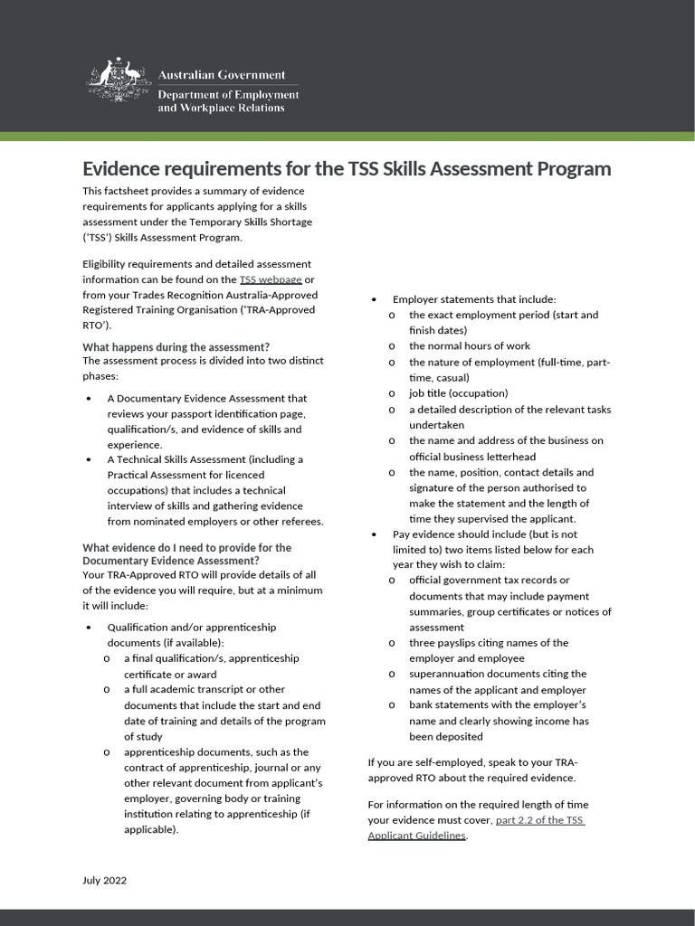 TSS Skills Assessment Evidence Guide | PDF | Apprenticeship | Employment
