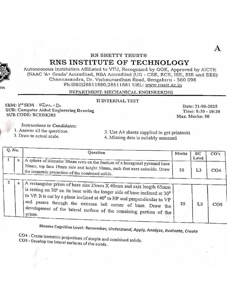 CAED IA 2 Question Paper | PDF