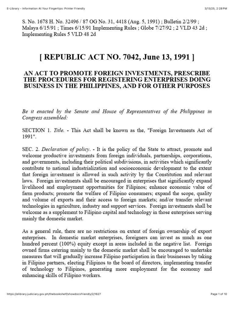 RA No 7042 (Foreign Investment Act) | PDF | Joint Venture | Exports
