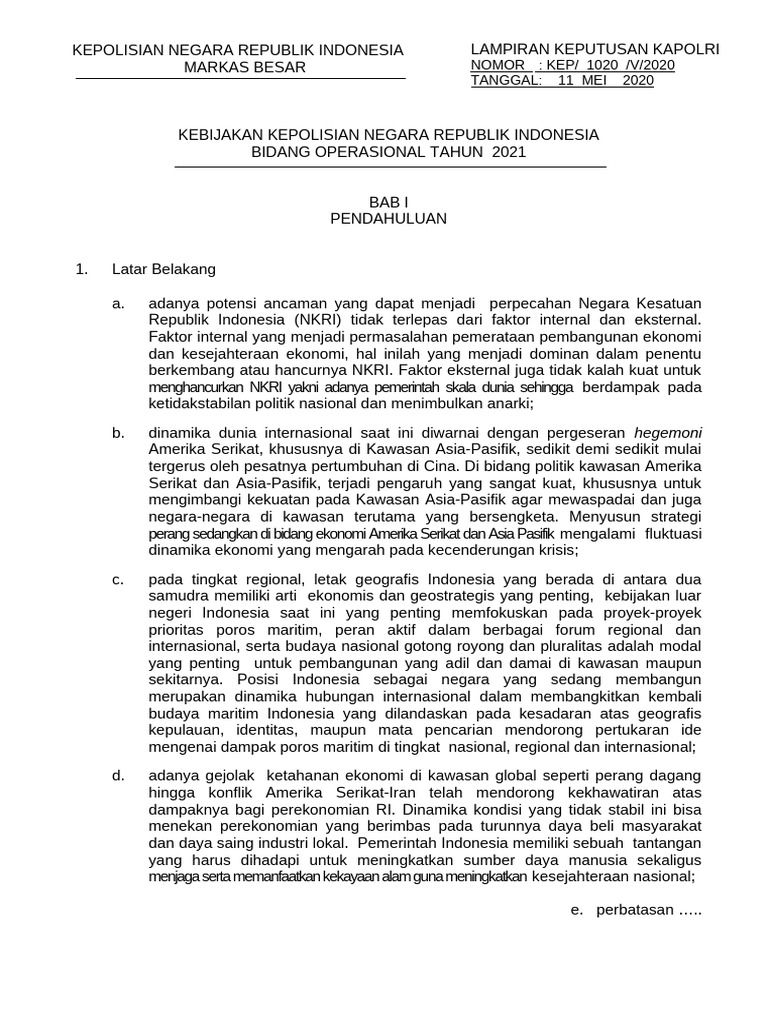 Format Kebijakan Polri Bidang Operasional Tahun 2021 | PDF