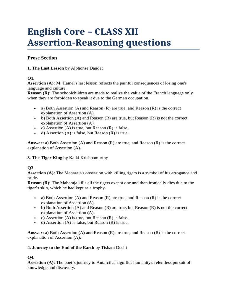 Xii English Core Mcqs Assertion Reasoning | PDF | Reason