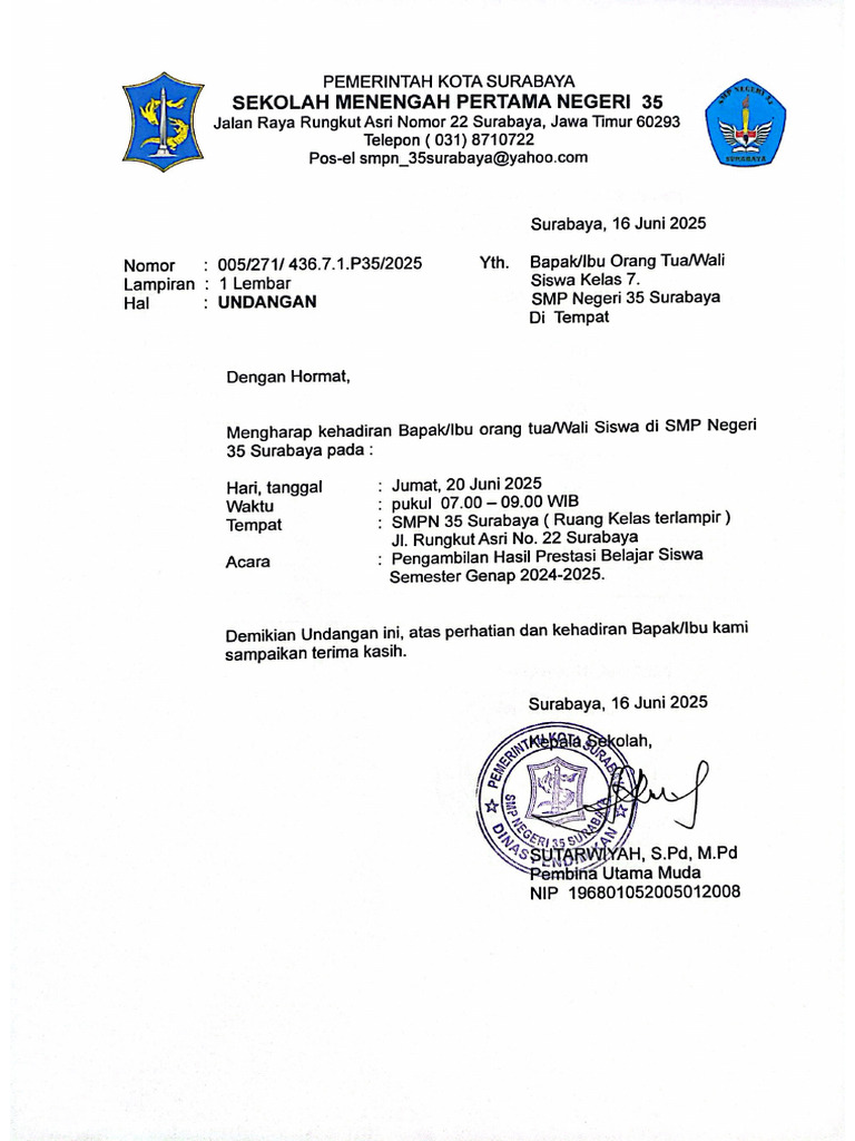 Undangan Wali Sisiwa (20 Juni 2025) - Kelas 7 | PDF