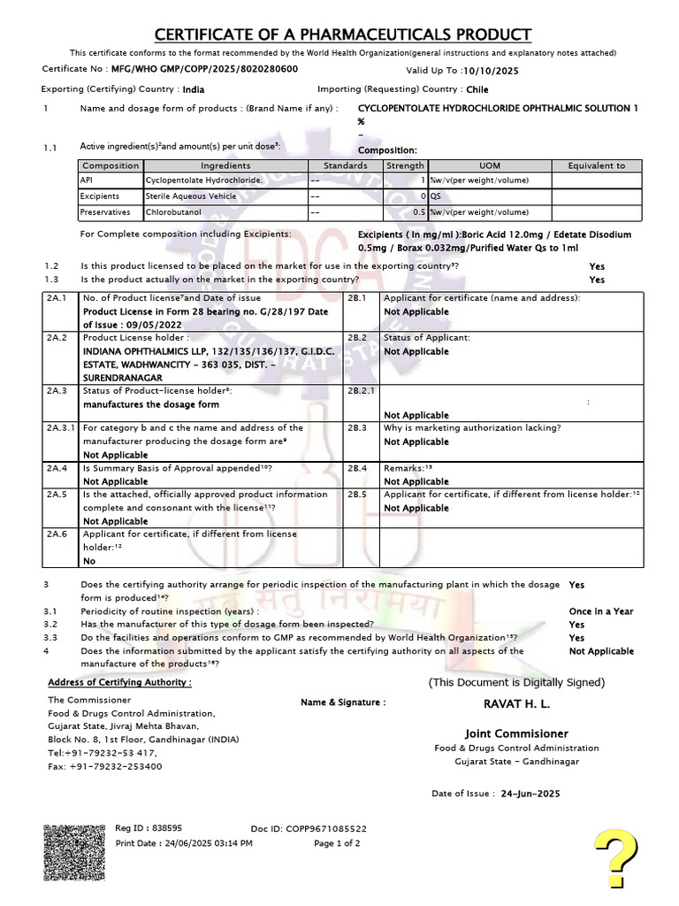 Cyclopentolate Hydrochloride Ophthalmic Solution 1 Who Copp Chile QQ | PDF