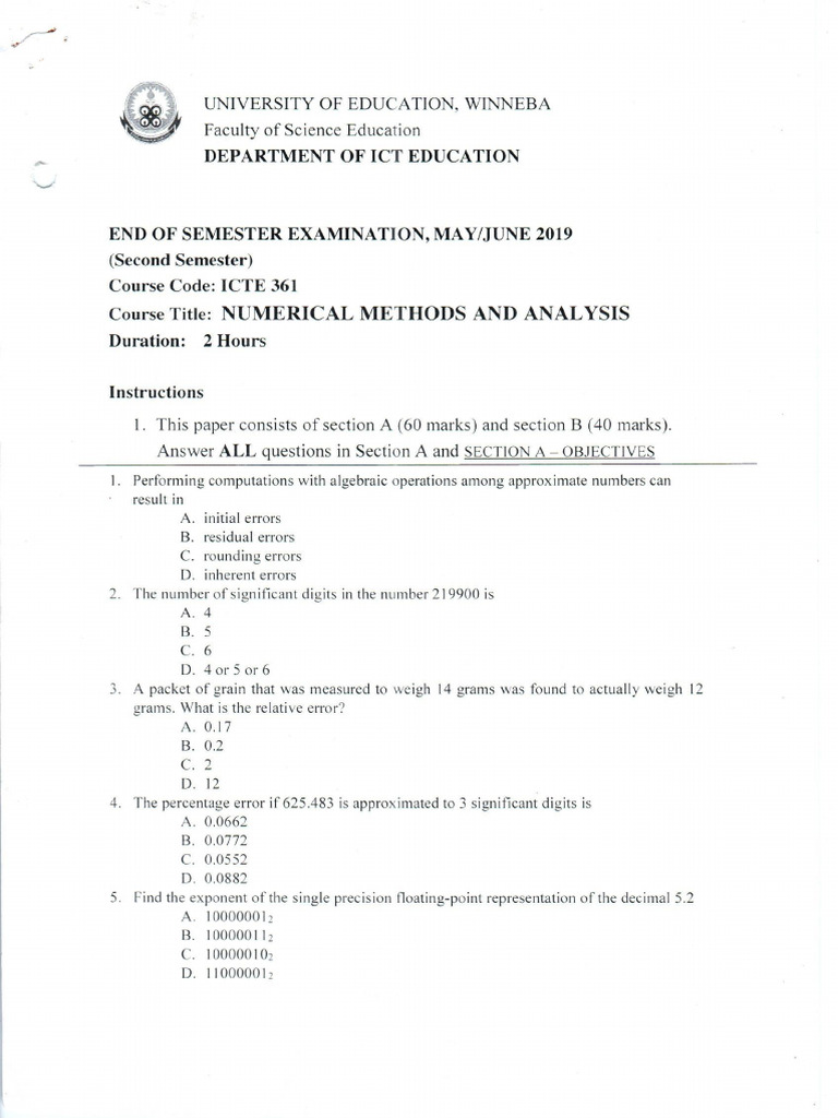 ICTE 361 - Numerical Methods and Analysis | PDF