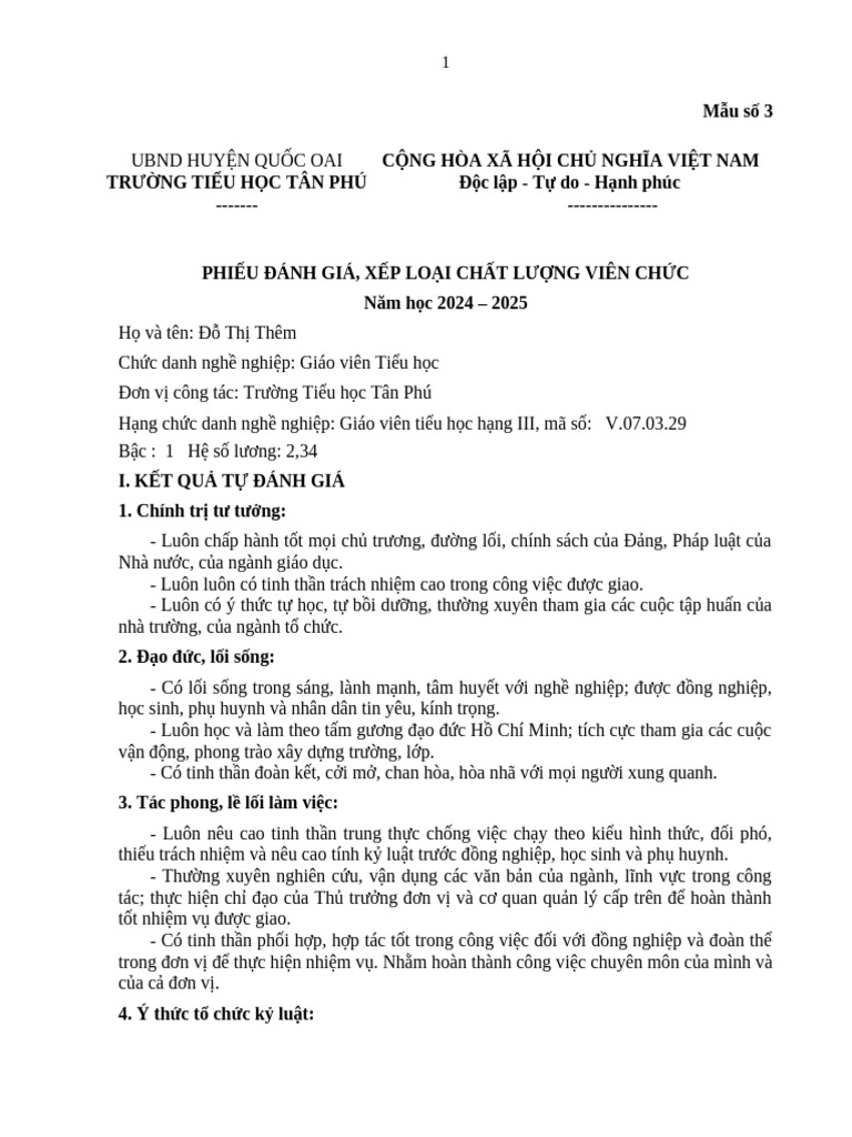 MAU SO 3 - Phieu Danh Gia Va Xep Loai Vien Chuc | PDF