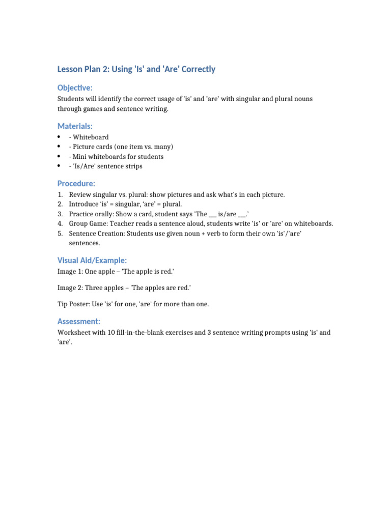 Lesson Plan: Using 'Is' and 'Are' | PDF