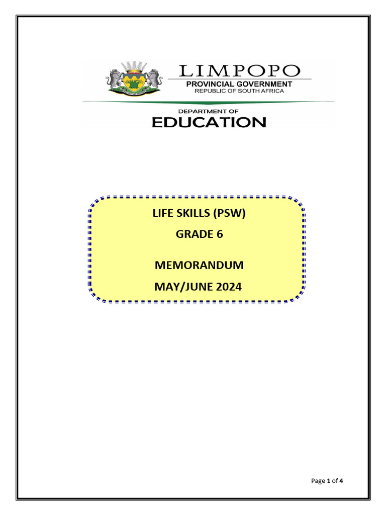 Grade 6 Life Skills PSW Memorandum | PDF | Psychological Concepts ...