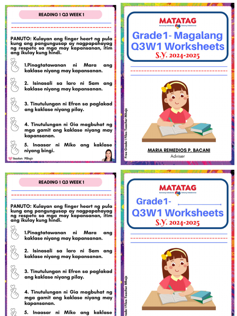MATATAG Grade 1 Q3 Week 1 Worksheets Booklet - Teacher Mhejz Bacani | PDF