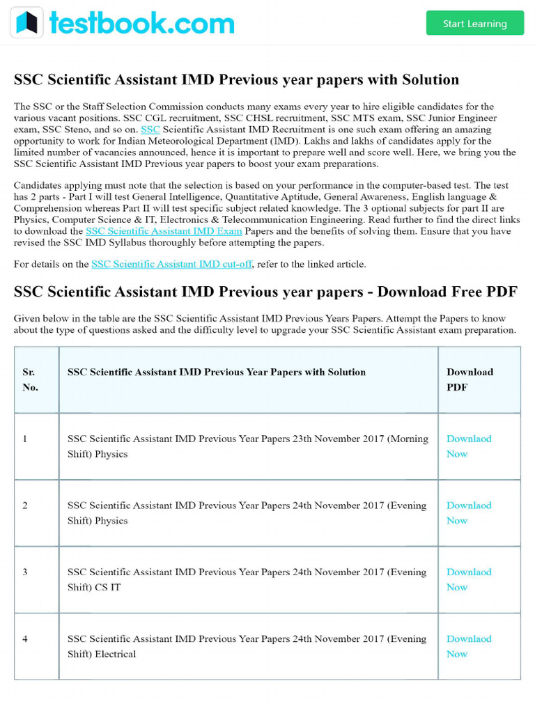 SSC Scientific Assistant IMD Previous Year Papers With Solution | PDF