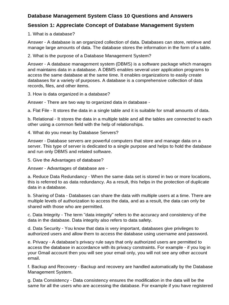 Database Management System Class 10 Questions and Answers | PDF | Databases | Relational Database