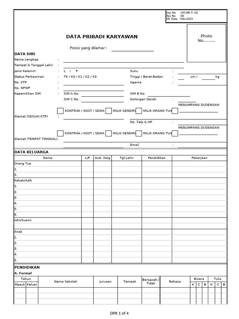 Form Biodata Diri-Hrga | PDF