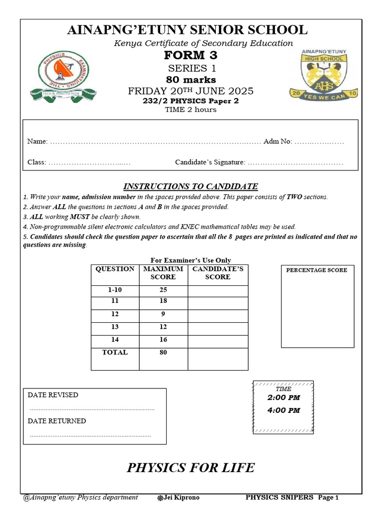 Form 3 Physics Exam Paper 2025 | PDF | Capacitor | Capacitance