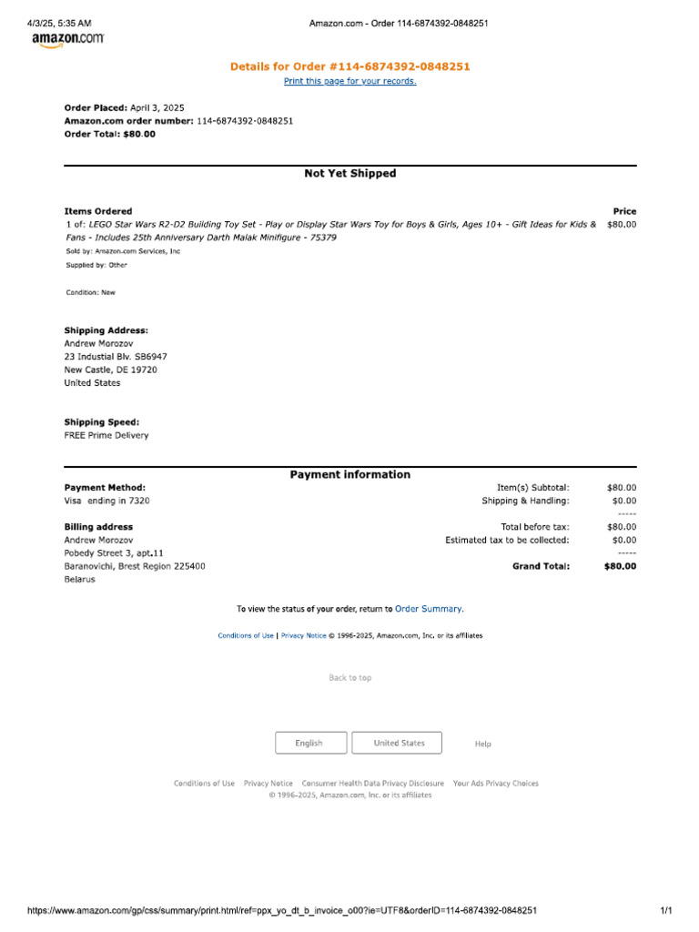 Lego r2d2 Invoice | PDF