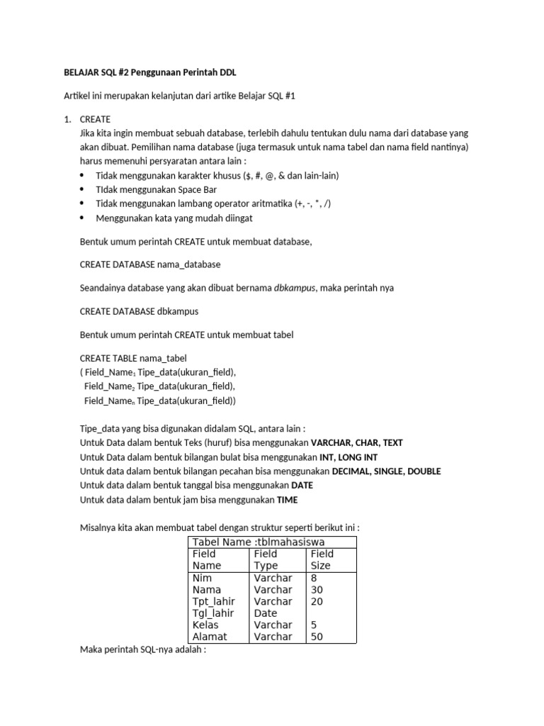 Belajar SQL #2 Penggunaan Perintah DDL | PDF