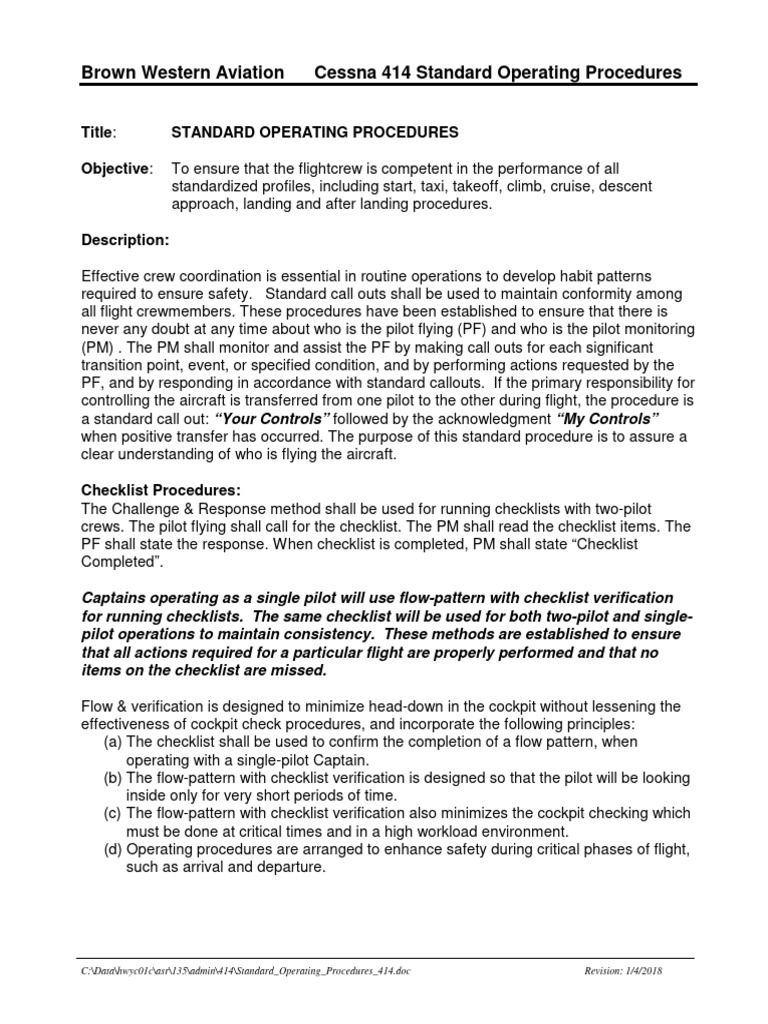 Cessna 414 Standard Operating Procedures | PDF | Visual Flight Rules ...