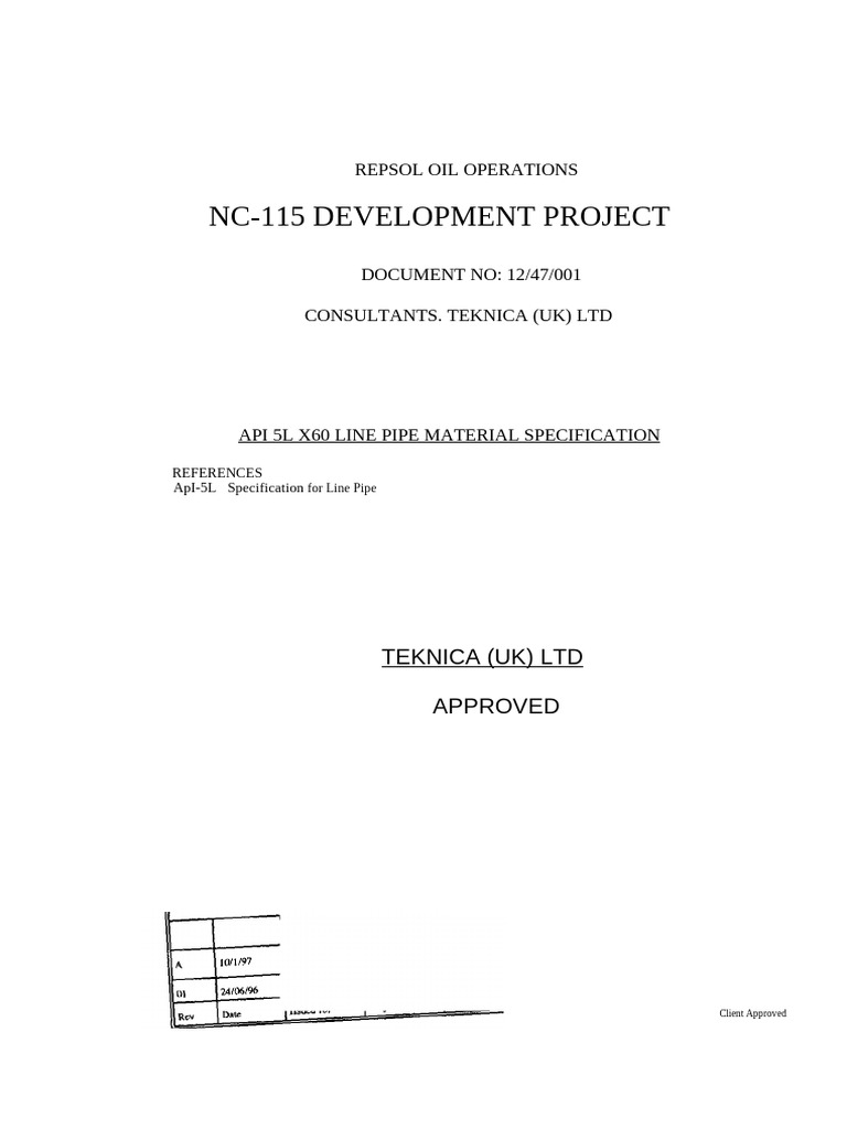 API 5l X 60 Pipe Material Specification - 12!47!001 | PDF | Pipe (Fluid ...