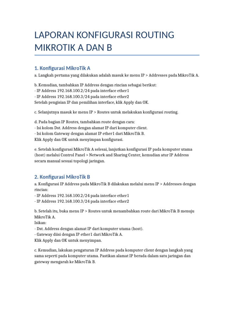 Laporan Konfigurasi Routing MikroTik | PDF