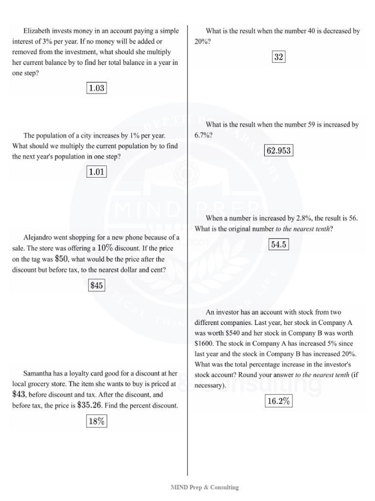 Test - Ch9. Percent More or Less - KEY | PDF