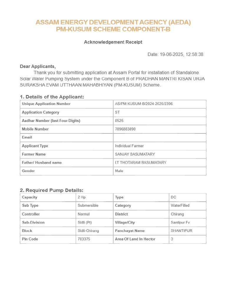 Aeda As PM Kusum-B 2024-2025 2396 Sanjay Basumatary | PDF