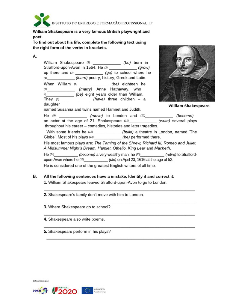 William Shakespeare: Life and Verbs Exercise | PDF