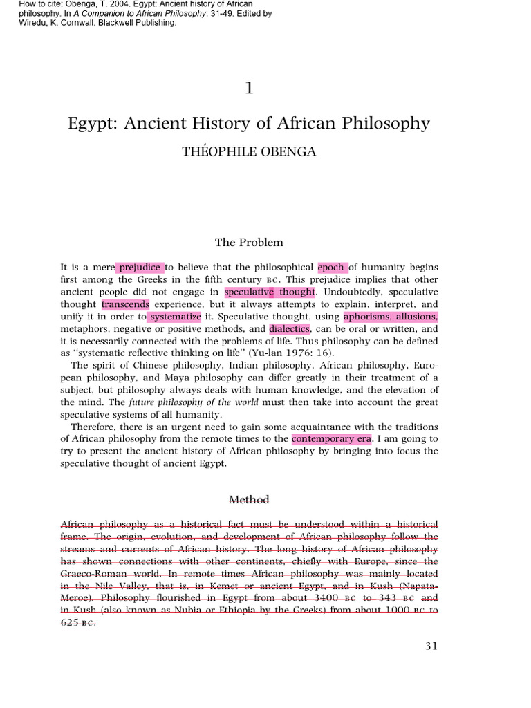 Excerpt From Obenga 2004 Egypt Ancient History of African Philosophy ...
