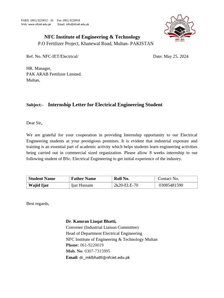 Internship Letter for Electrical Student | PDF