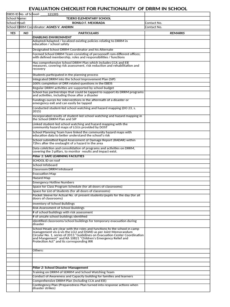 EVALUATION Checklist-For-Monitoring in DRRM | PDF | Emergency ...
