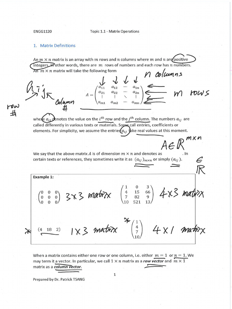 1.1 Matrix Operations Definitions and Basic - Class A2 | PDF