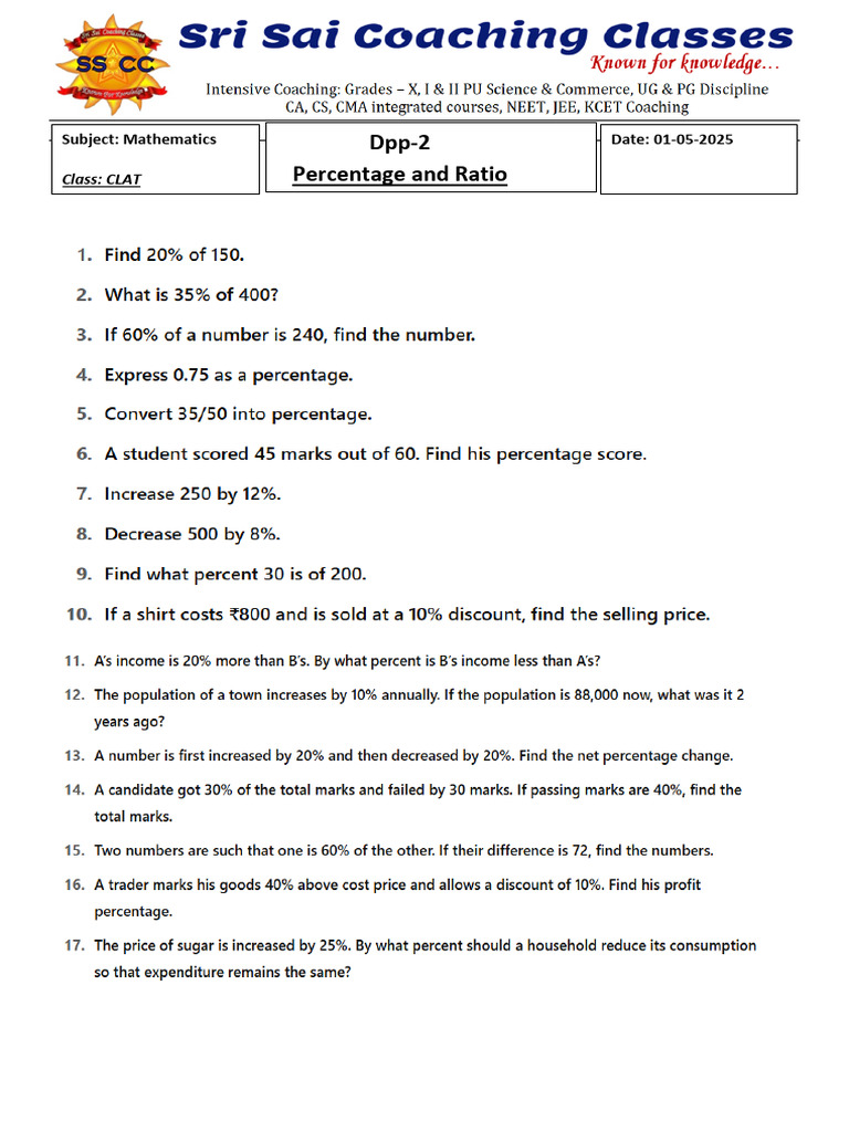 CLAT Mathematics Lesson Plan: Percentages | PDF