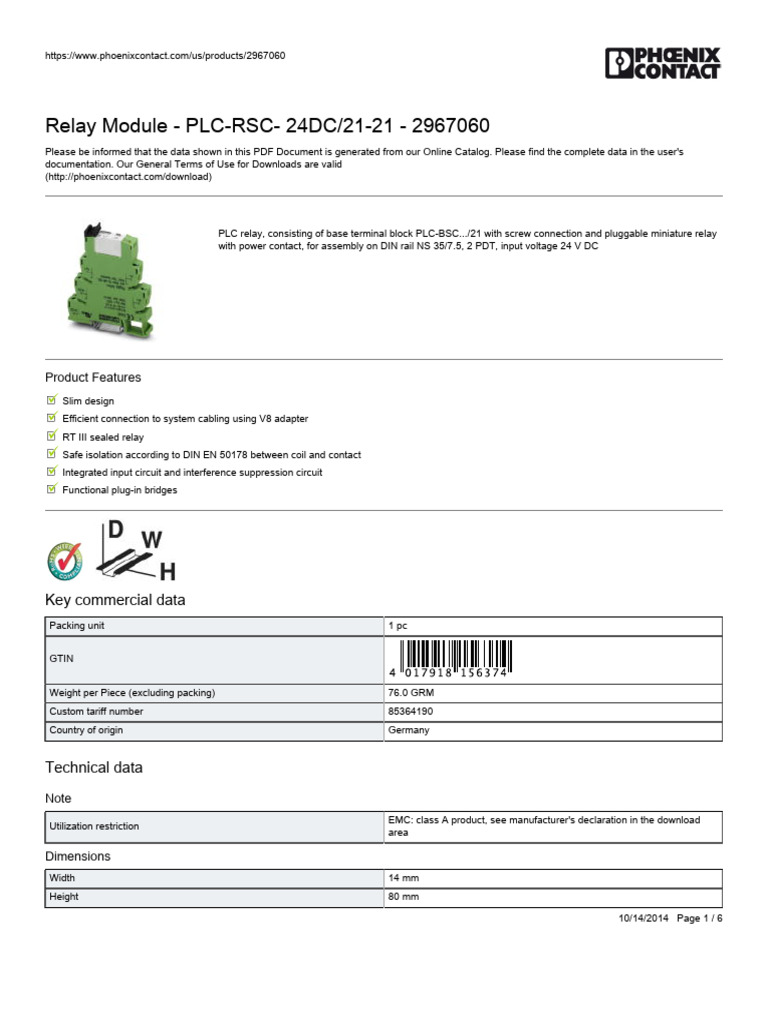 Relay Module - PLC-RSC-24DC/21-21 - 2967060: Key Commercial Data | PDF ...