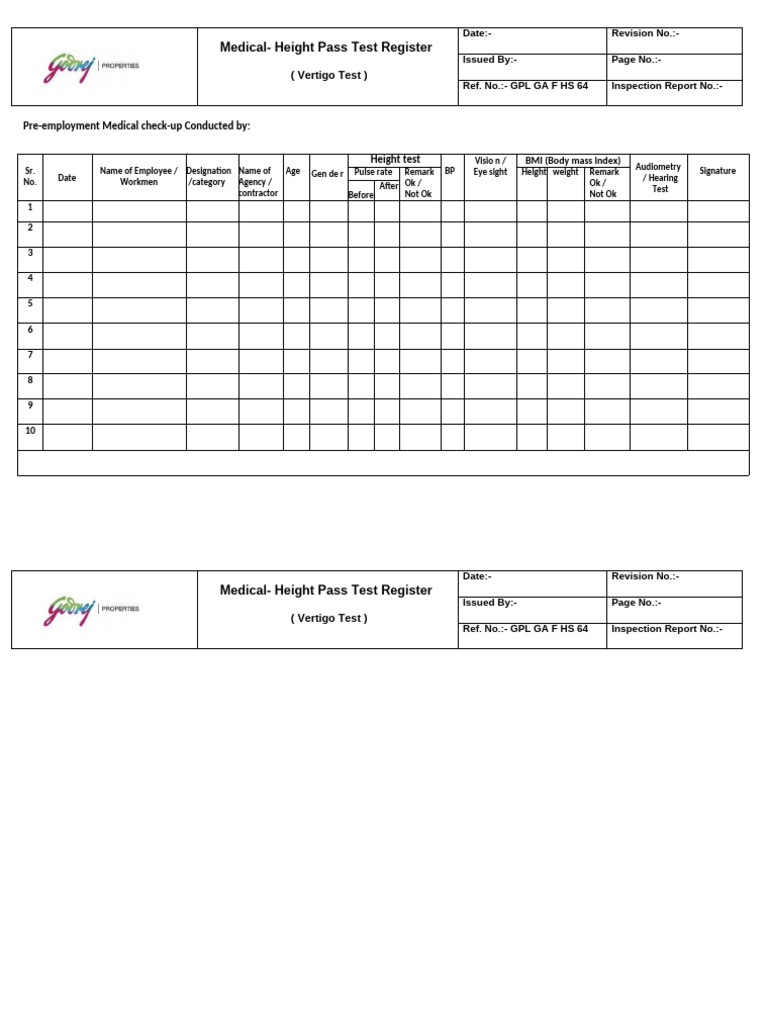 Medical Height Pass (Formats) GPL GA F HS 64 | PDF