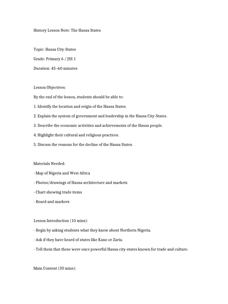 Hausa City-States: History Lesson Plan | PDF