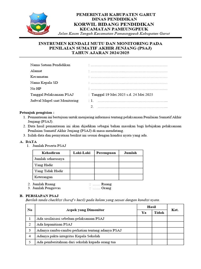 Instrumen Kendali Mutu, Monitoring PSAJ 2024-2025 | PDF