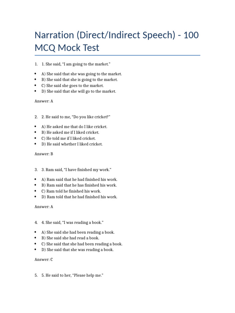Narration Mock Test Questions | PDF