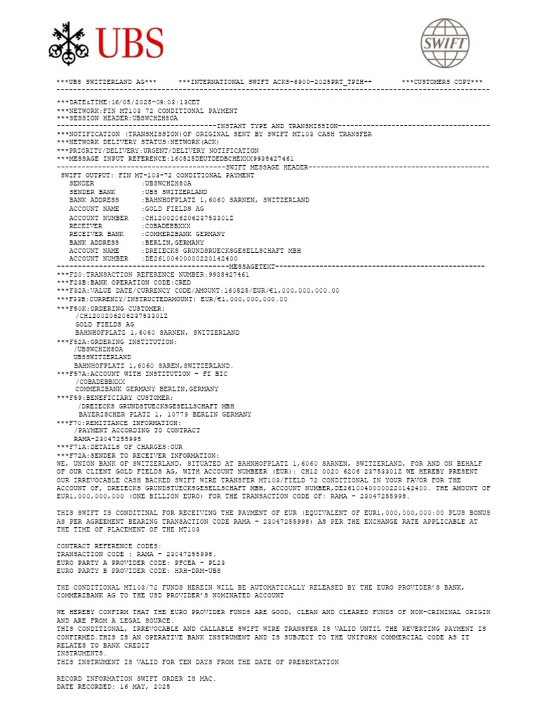 UBS SWIFT MT103 Conditional Payment | PDF | Wire Transfer | Banking