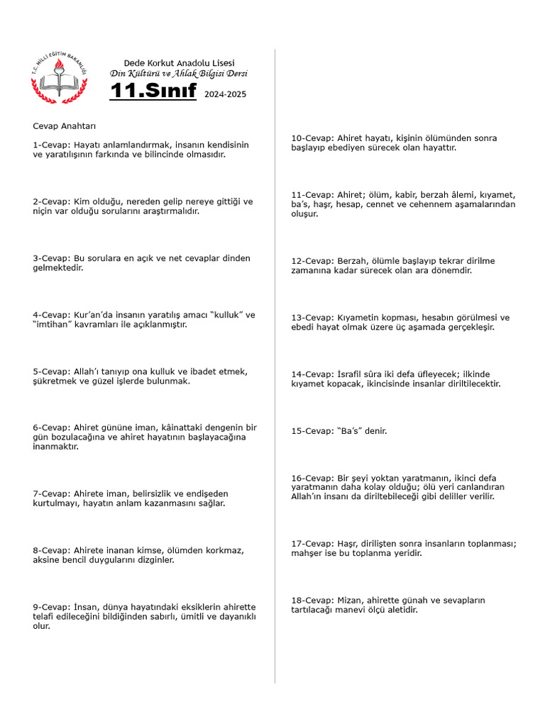 11.sınıf 2024-2025 DKAB Cevap Anahtar | PDF