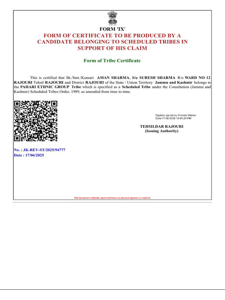 Scheduled Tribe Certificate | PDF
