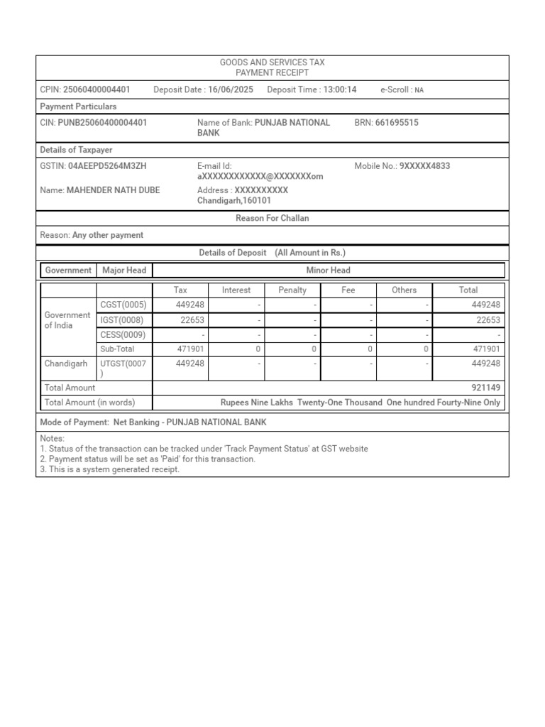 GST Payment Receipt for Mahender Nath Dube | PDF