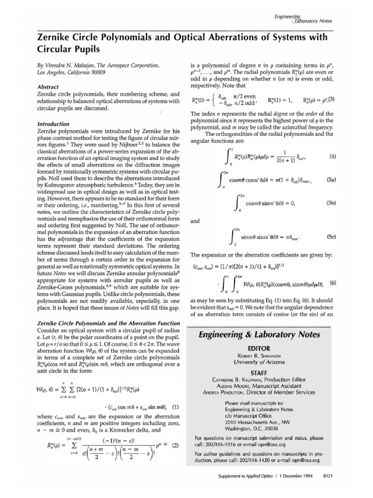Zernike Polynomials in Optical Aberrations | PDF | Light | Applied And ...